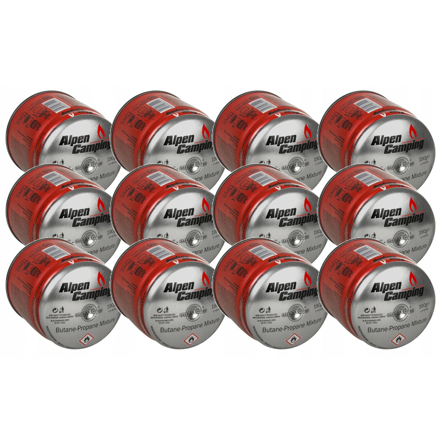 12x Alpen Camping 400ml gas cartridge. certification: Pi 0437, EN417 c ...