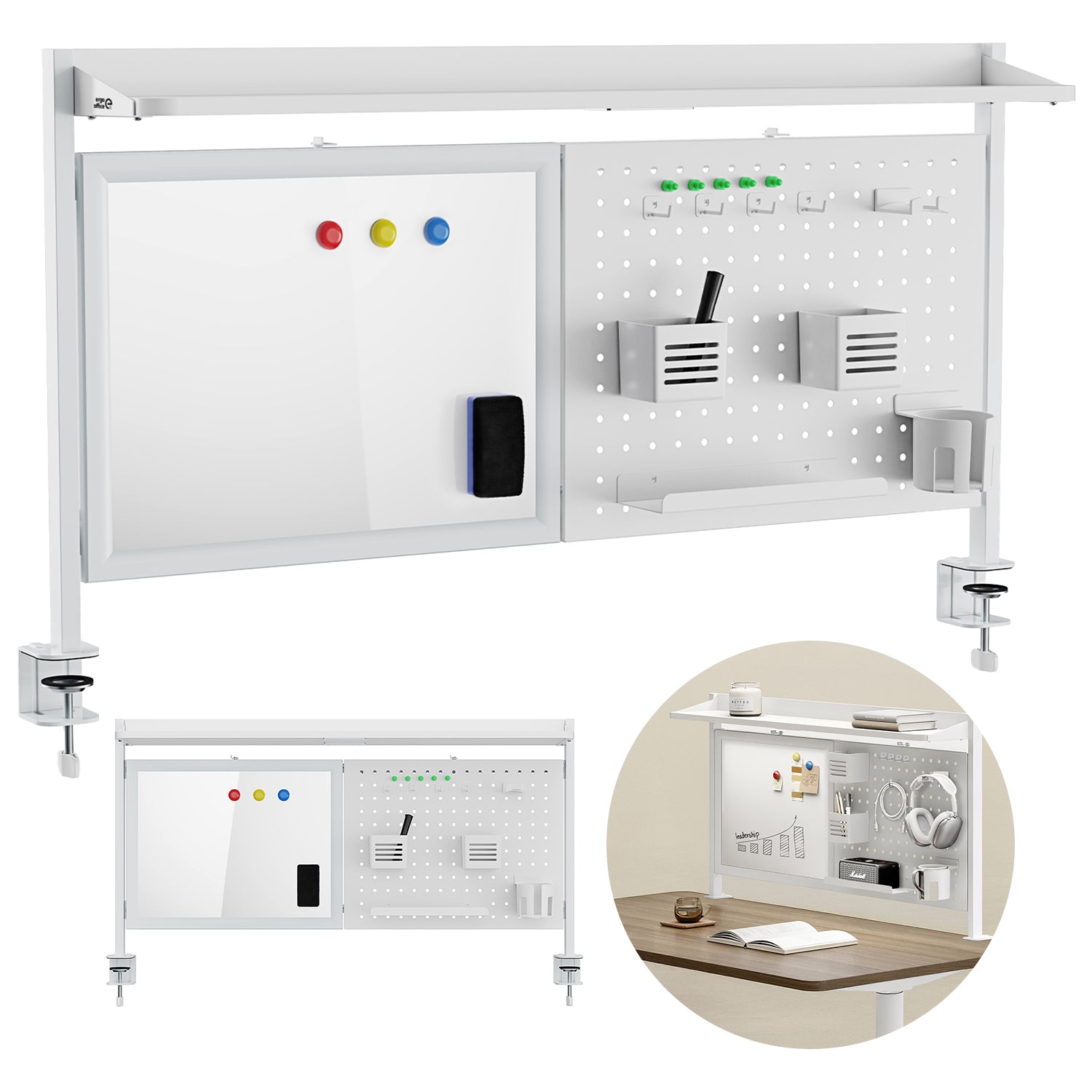 Ergo Office desk divider / organizer, max load 10kg, white board, widt ...