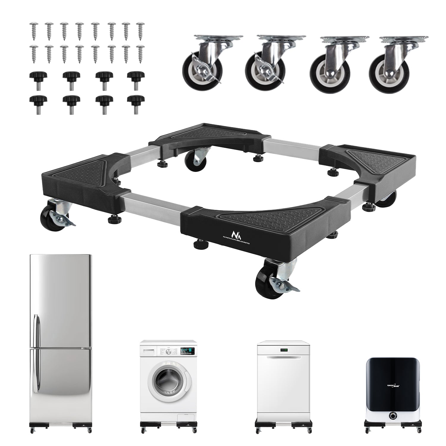 Maclean mobile washing machine base, caster lock, 500-700mm wide, univ ...