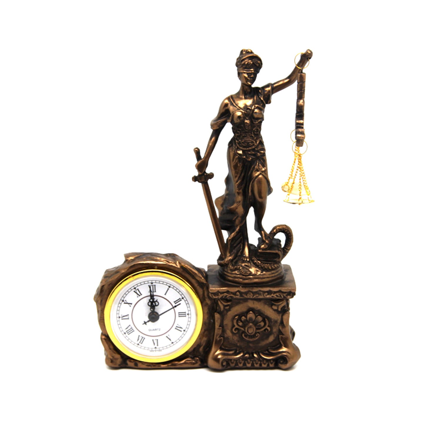 Figurine of Temida with scale and sword, clock, bronze ornament, Queen ...