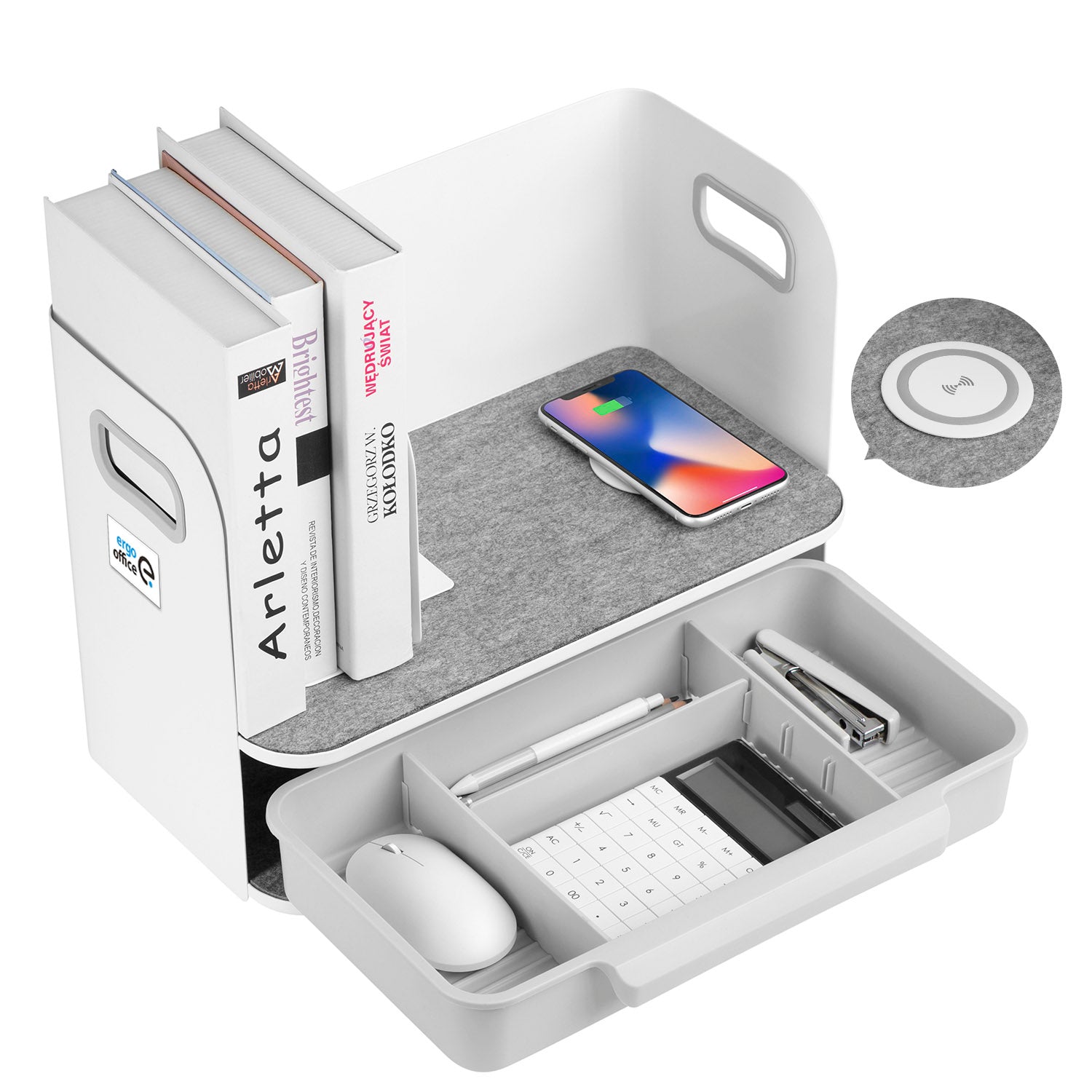 Desk Organizer Wireless Qi Charging Shelf Drawer Bookend Home Office T ...
